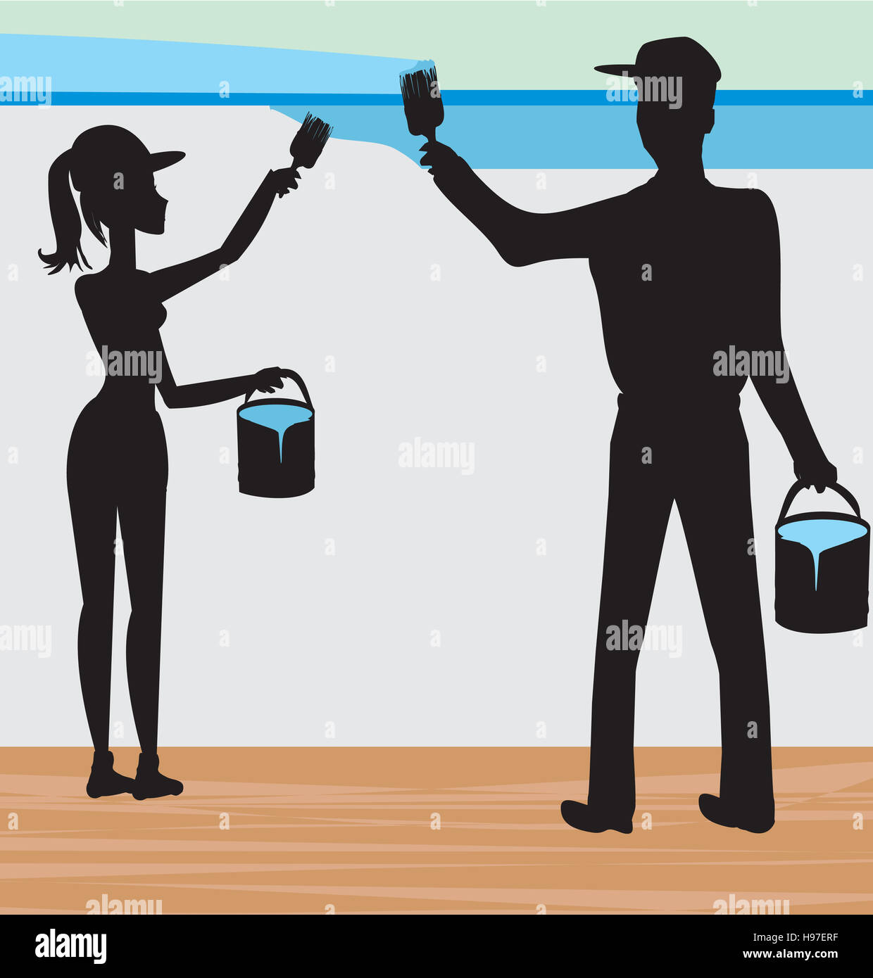 silhouettes of two people painting a wall Stock Photo - Alamy