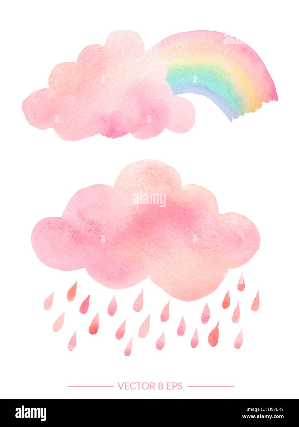 Vector. Cute pink watercolor clouds with rain and rainbow. Set of ...