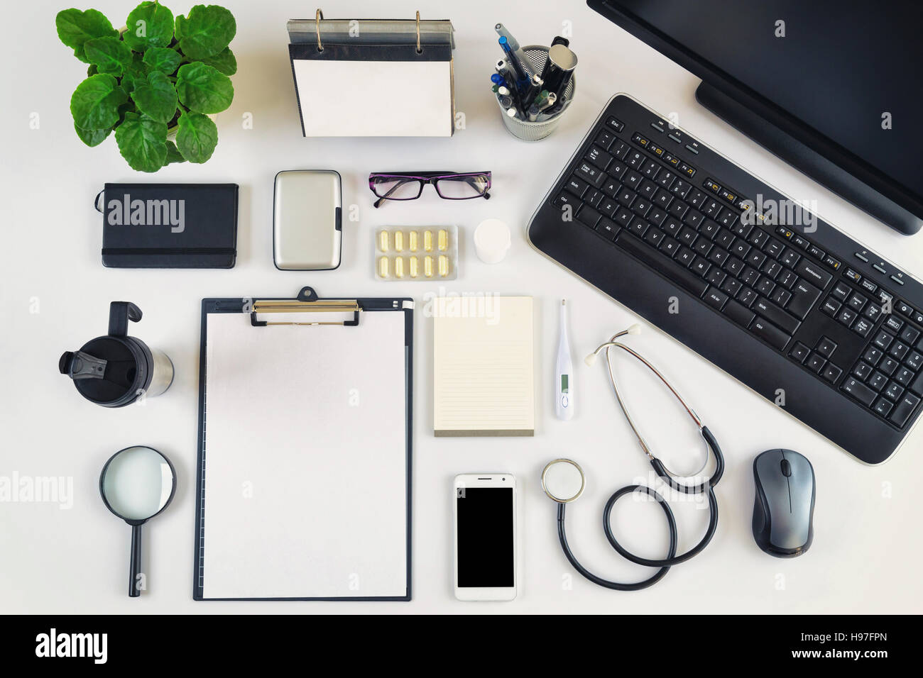 Doctor`s working desk. Top view Stock Photo - Alamy