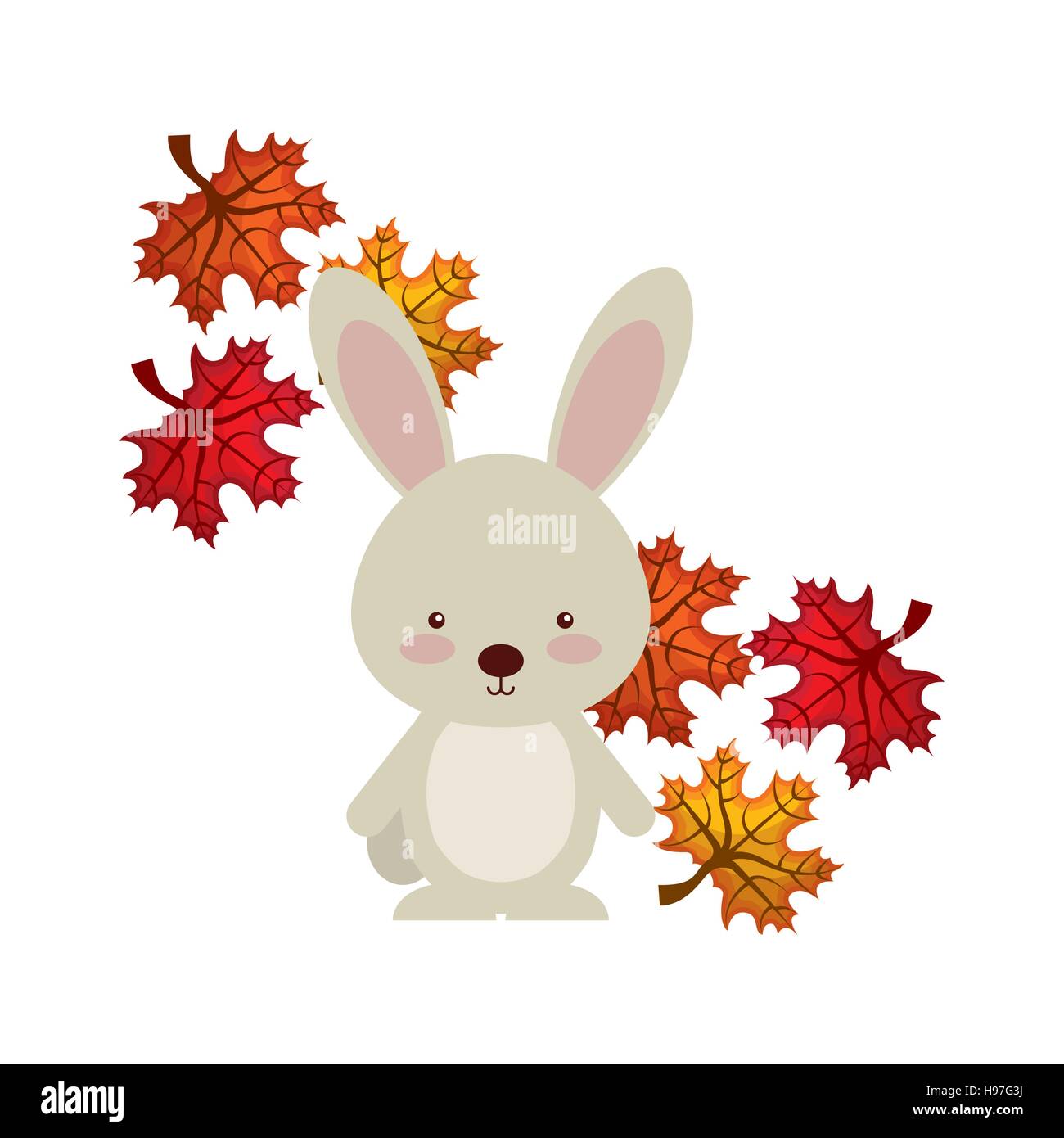 happy thanksgiving card with cute rabbit and autumn leaves over white ...