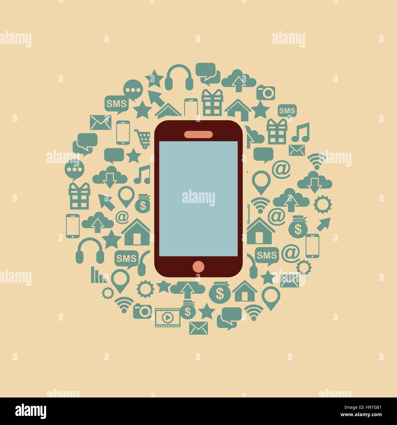 smartphone device with social media icon in circle shape over yellow ...