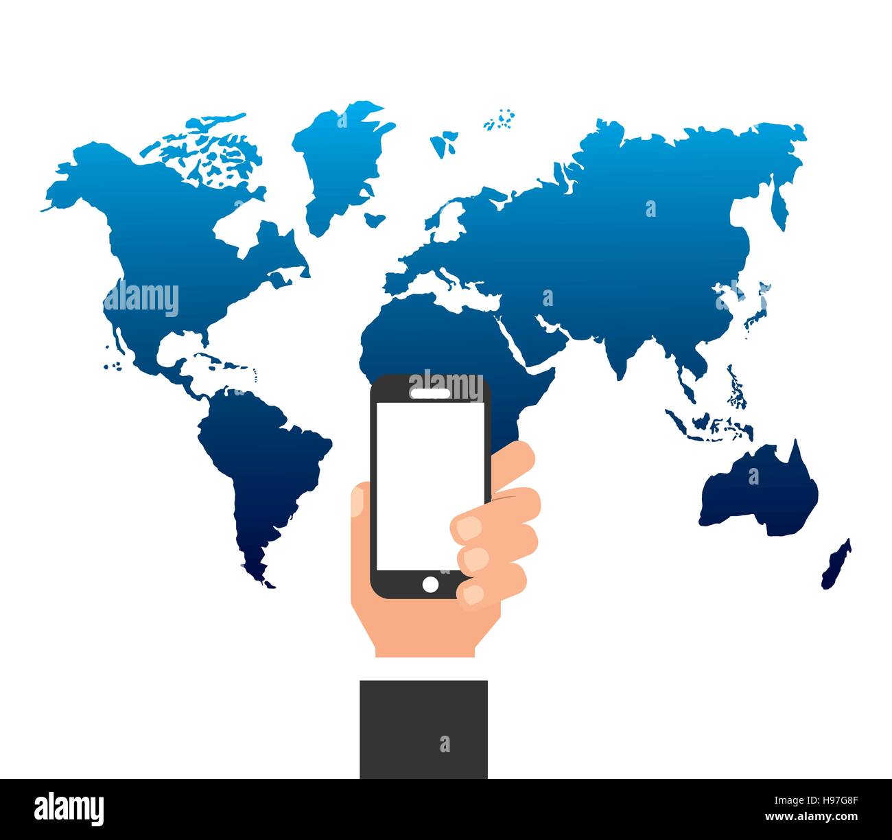human hand holding a smartphone device over world map icon over white ...