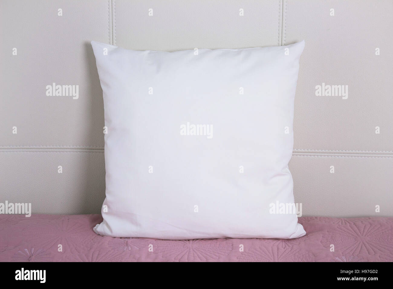 Pillow case Mockup. White pillow on bed in the bedroom. Front view ...