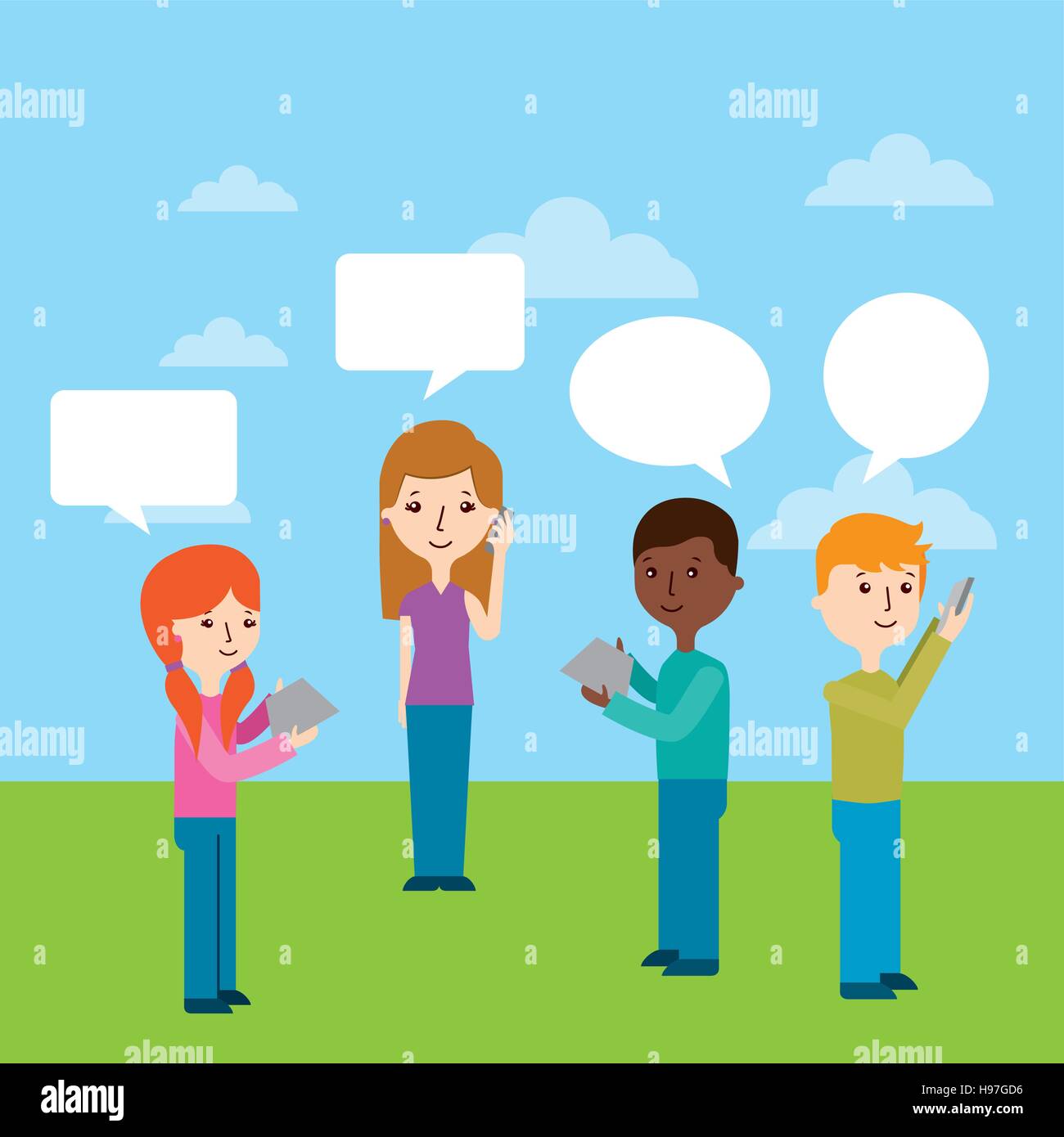 cartoon people with communication bubbles over sky background.colorful ...