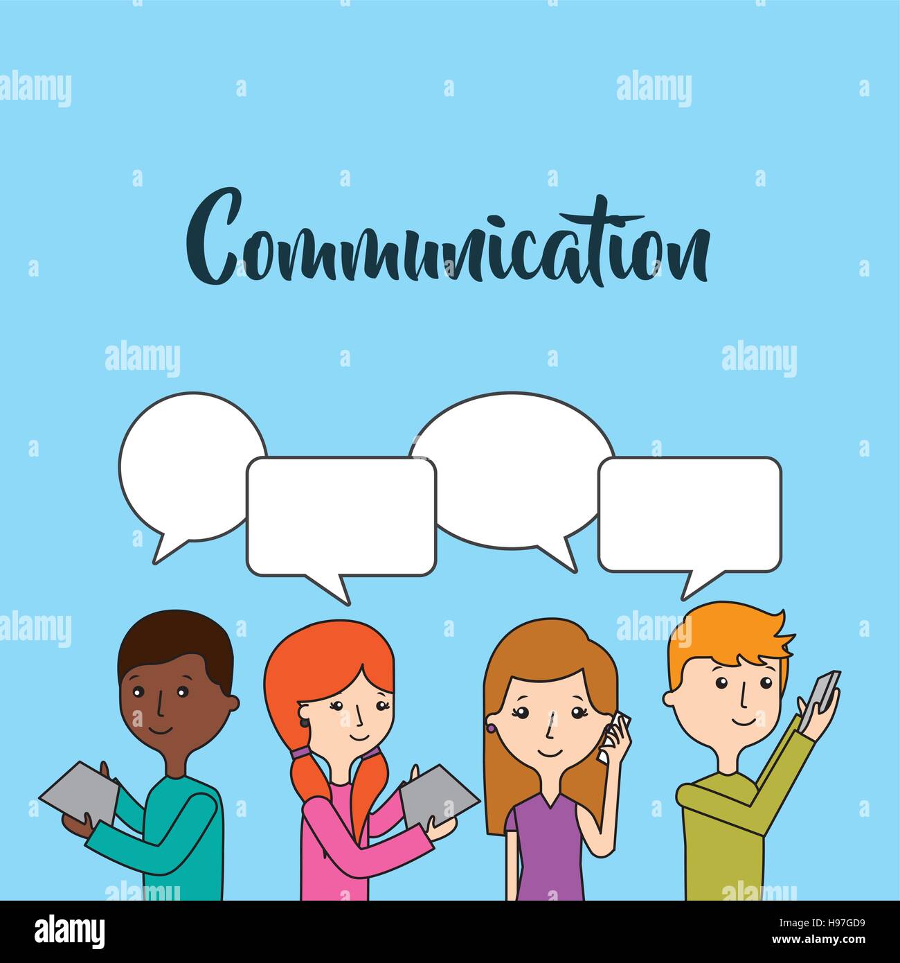 cartoon people with communication bubbles over blue background ...