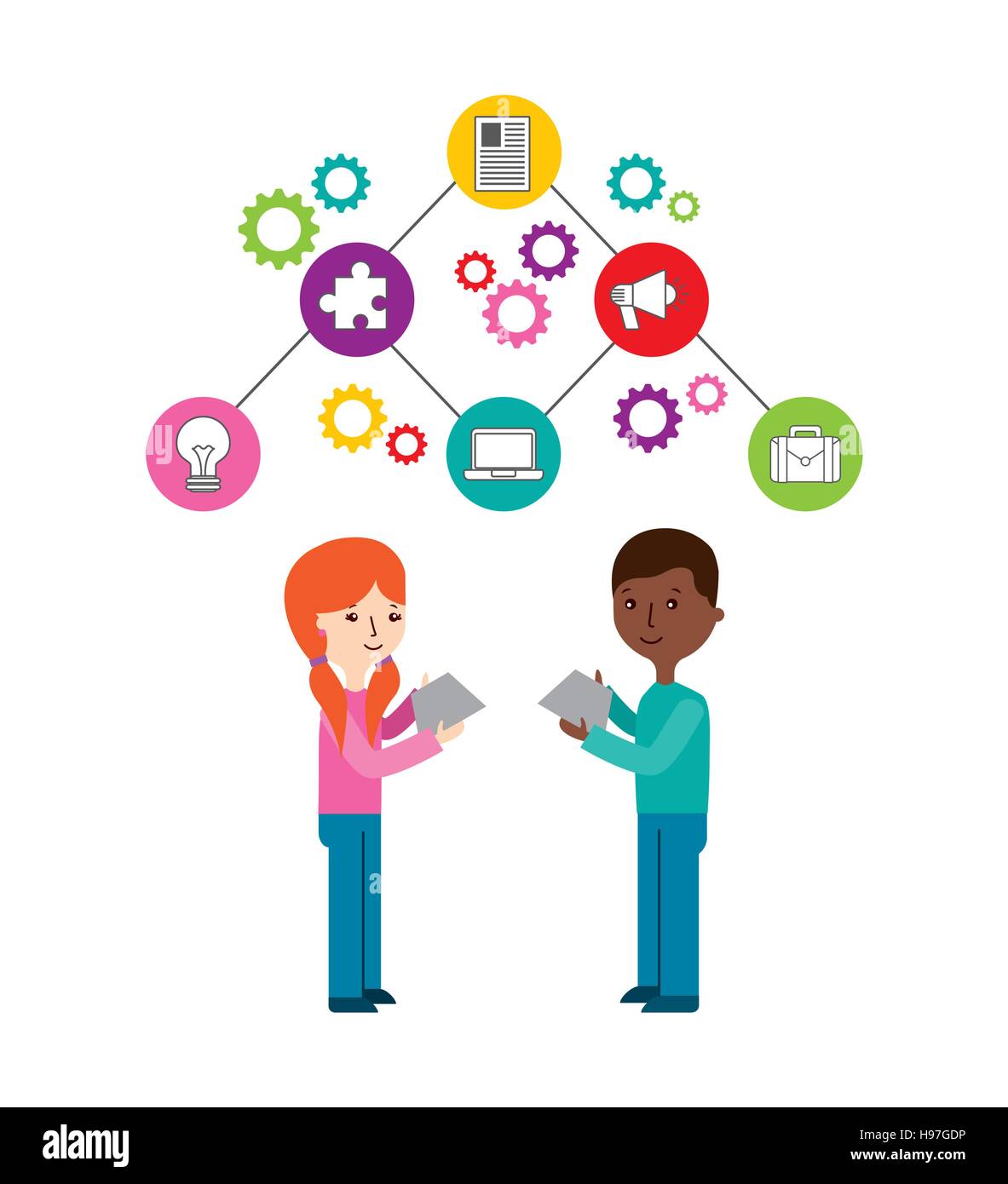 cartoon woman and man with communication icons over white background ...