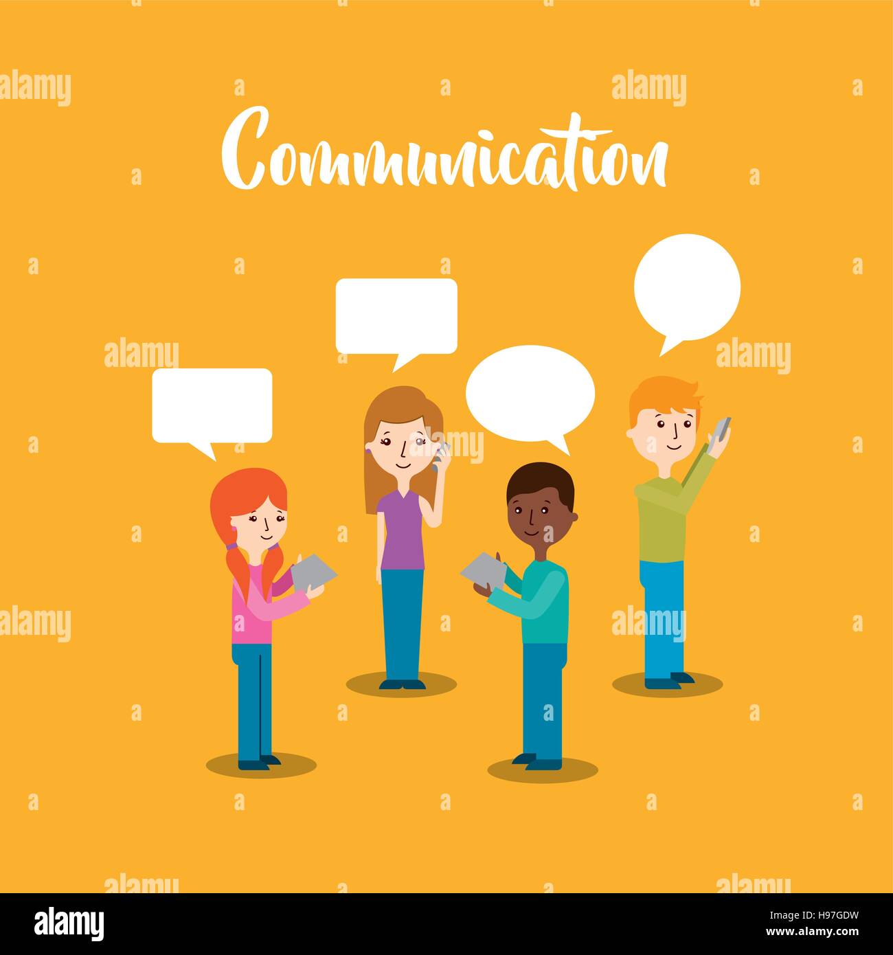 cartoon people with communication bubbles over yellow background ...