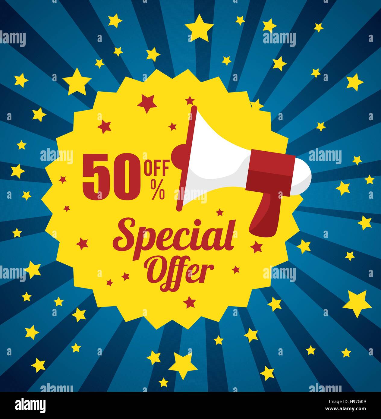 megaphone stamp special offer discount star blue background vector ...