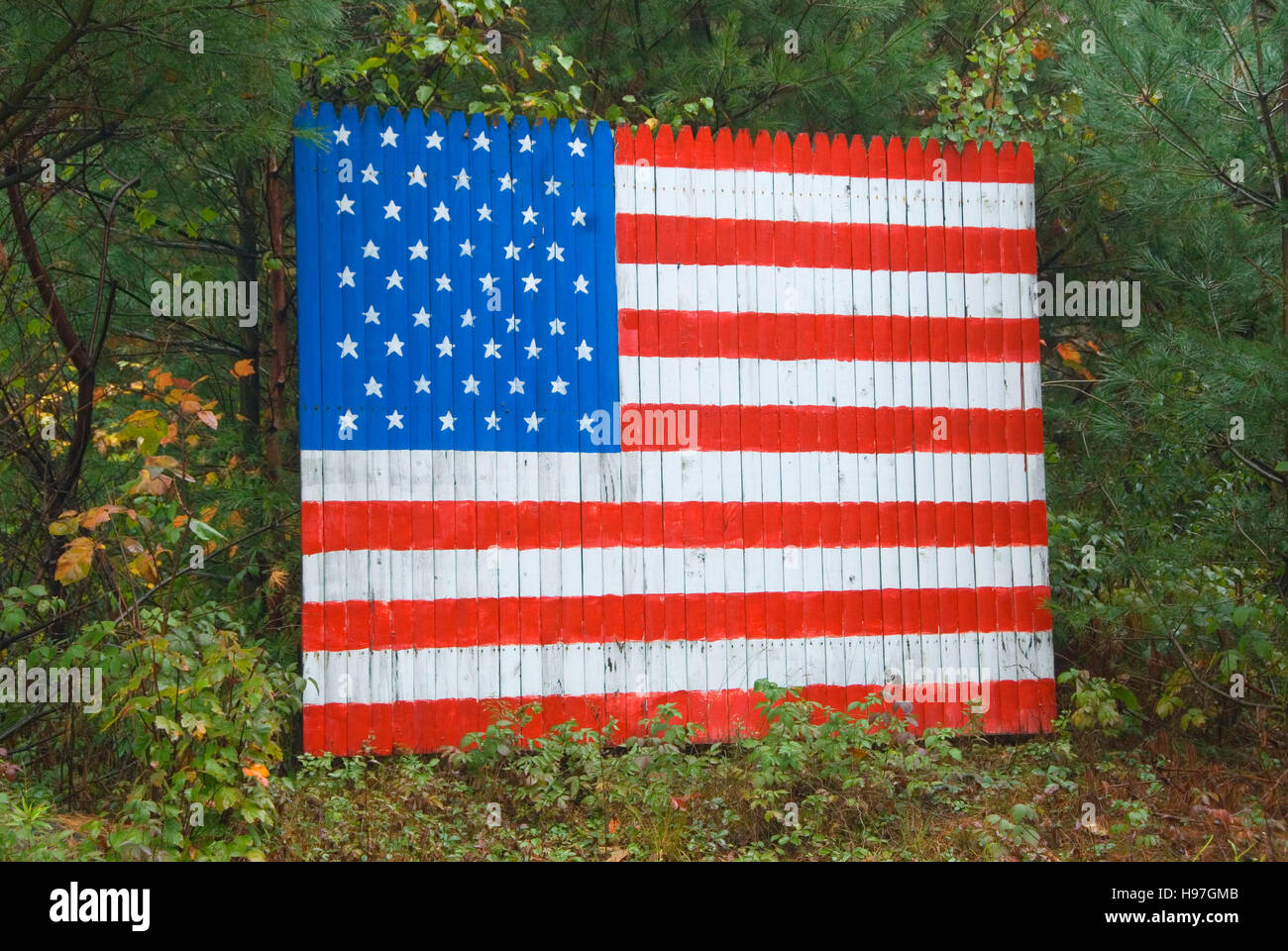 American flag fence, Adirondack Forest Preserve, New York Stock Photo ...