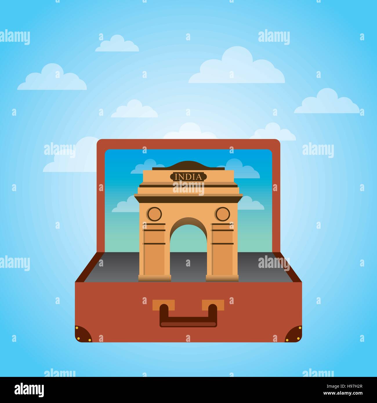 brown suitcase with iconic momument of india. over sky background ...
