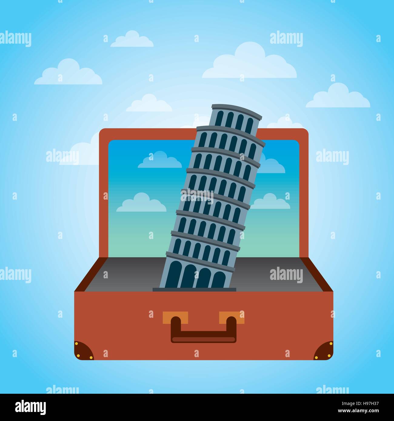 brown suitcase with iconic momument of italy . over sky background ...