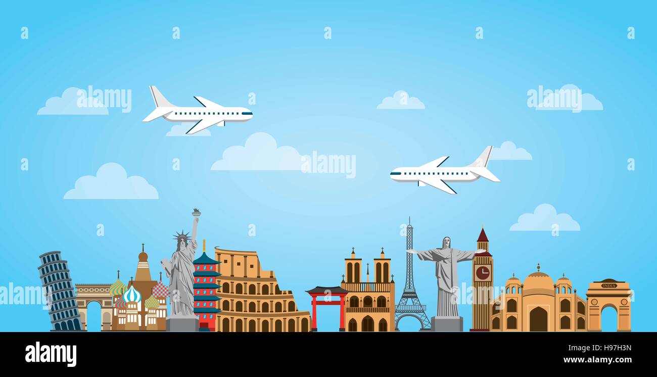iconic monuments of the world over sky background. colorful design ...