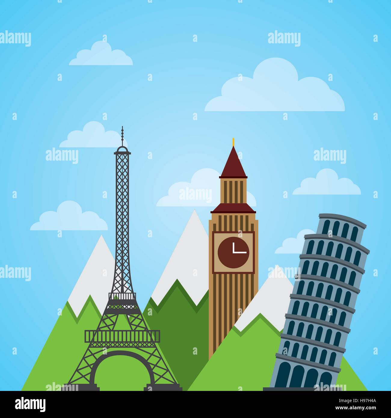 iconic monuments of the world over sky background. colorful design ...
