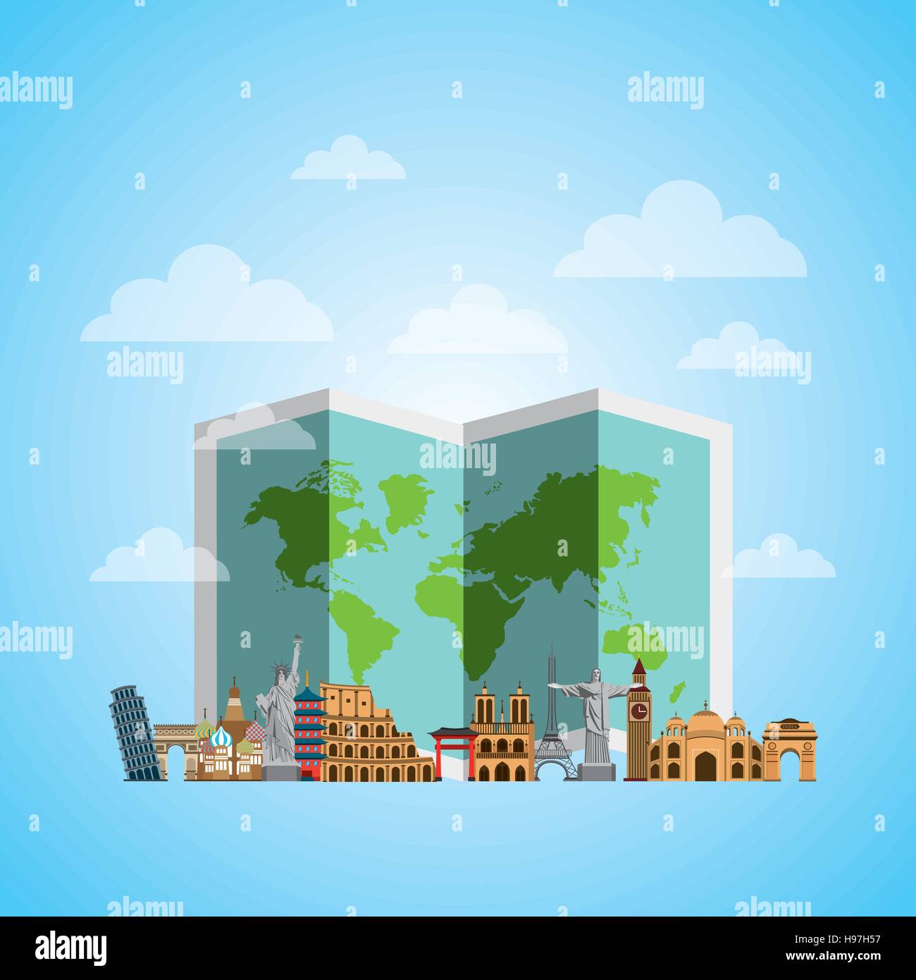 iconic monuments of the world and map over blue background. colorful ...