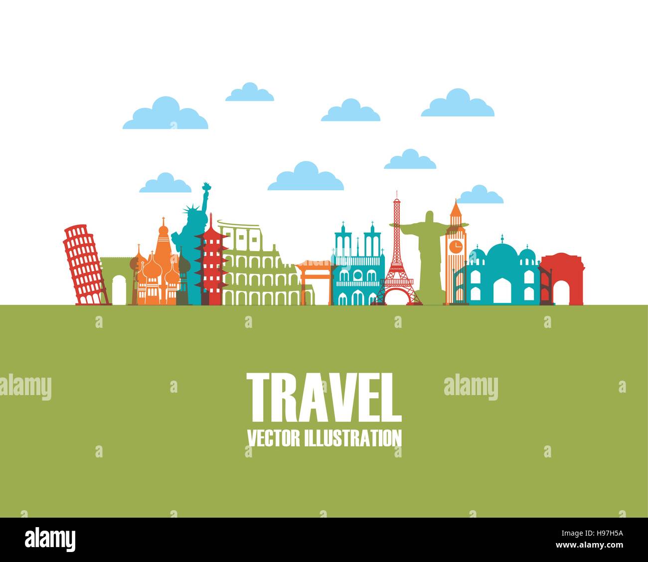 iconic monuments of the world over sky background. colorful design ...