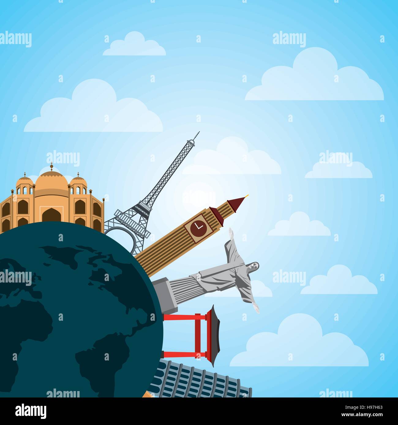 iconic monuments of the world around earth planet over sky background ...