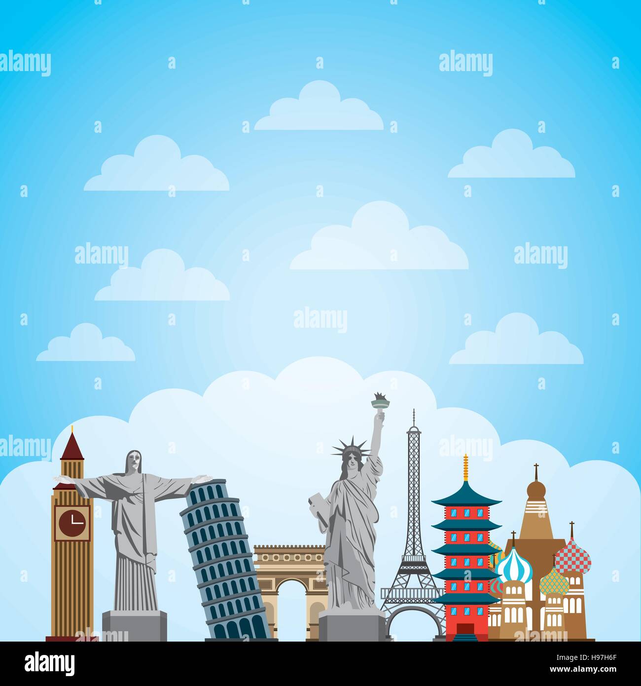 iconic monuments of the world over sky background. colorful design ...