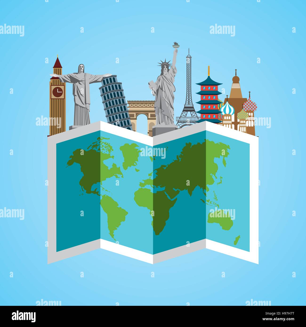 iconic monuments of the world and map over blue background. colorful ...