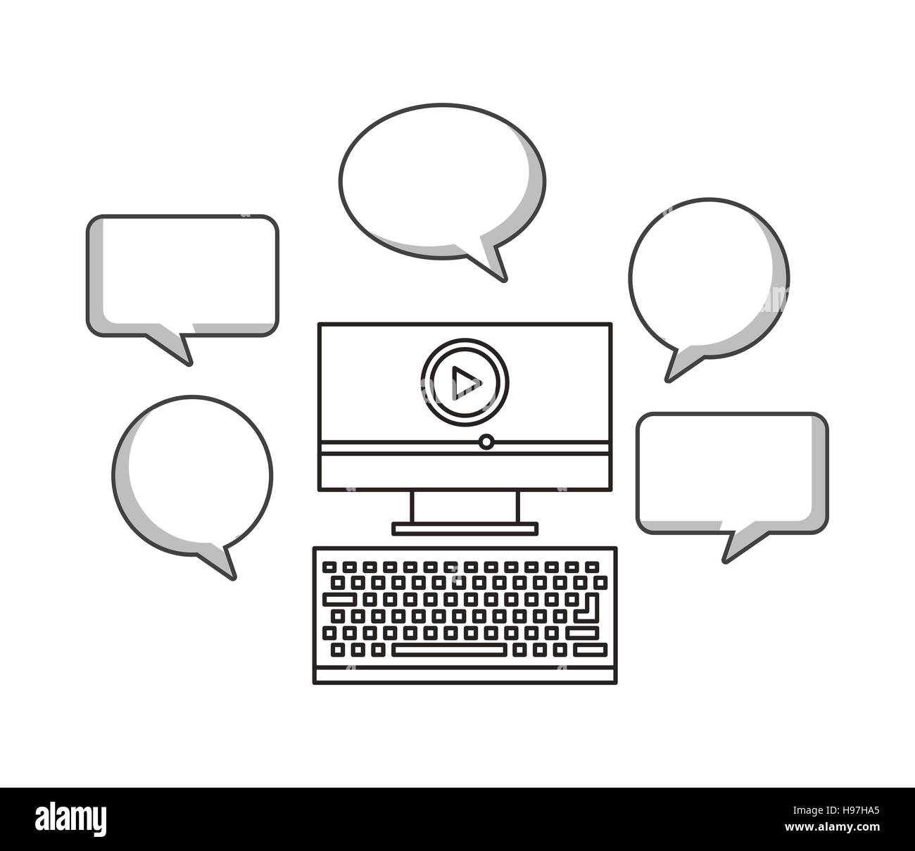 communication bubbles around computer device over white background ...