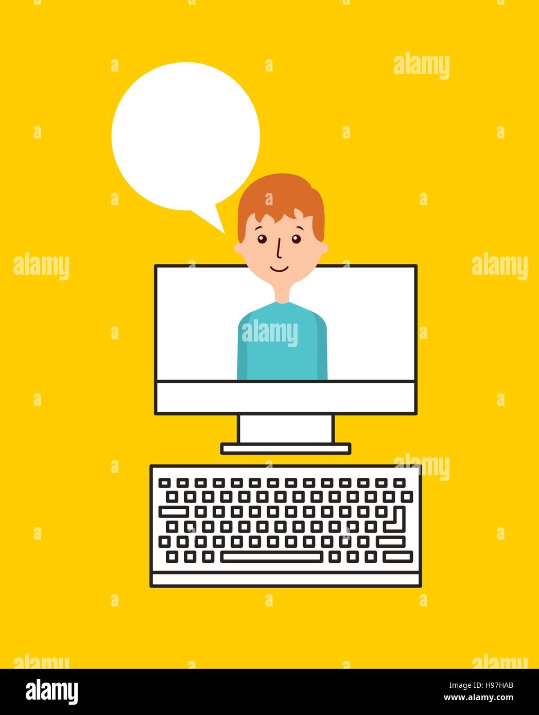 computer with man on screen over yellow background. vector illustration ...
