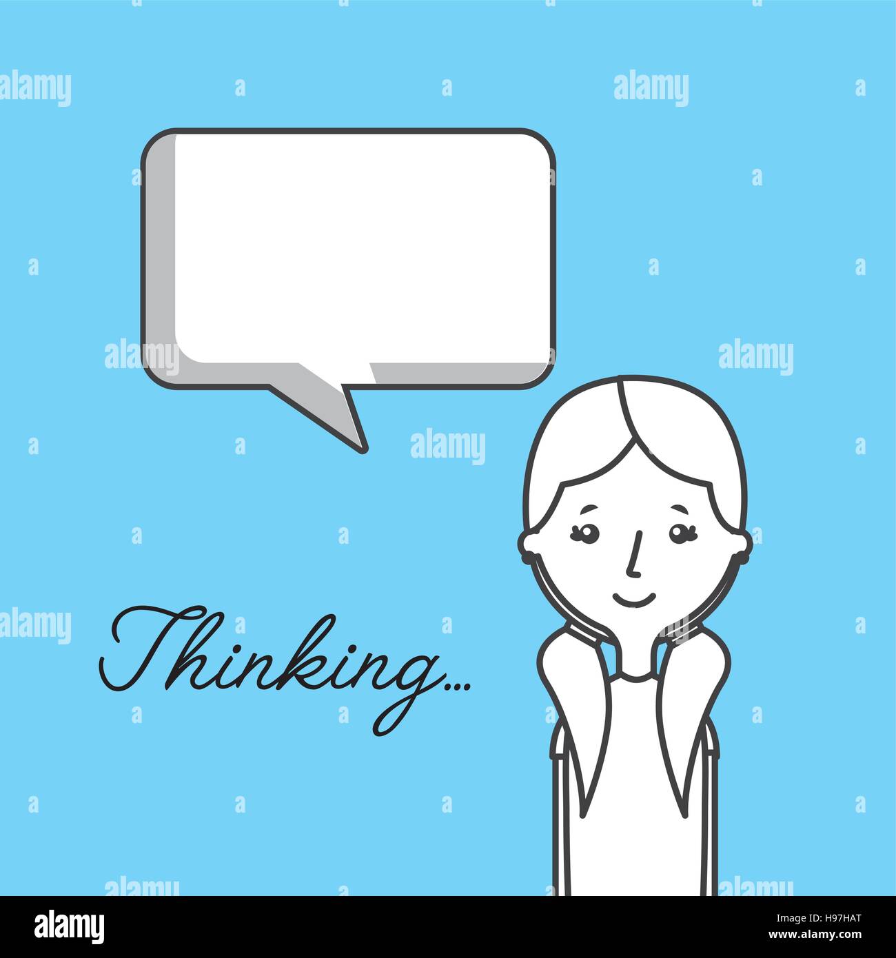 cartoon woman smiling with thinking bubble over blue background. vector ...