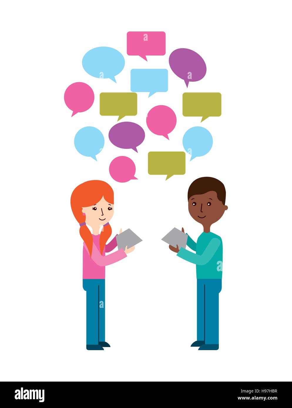 cartoon people standing with speech bubble over white background ...