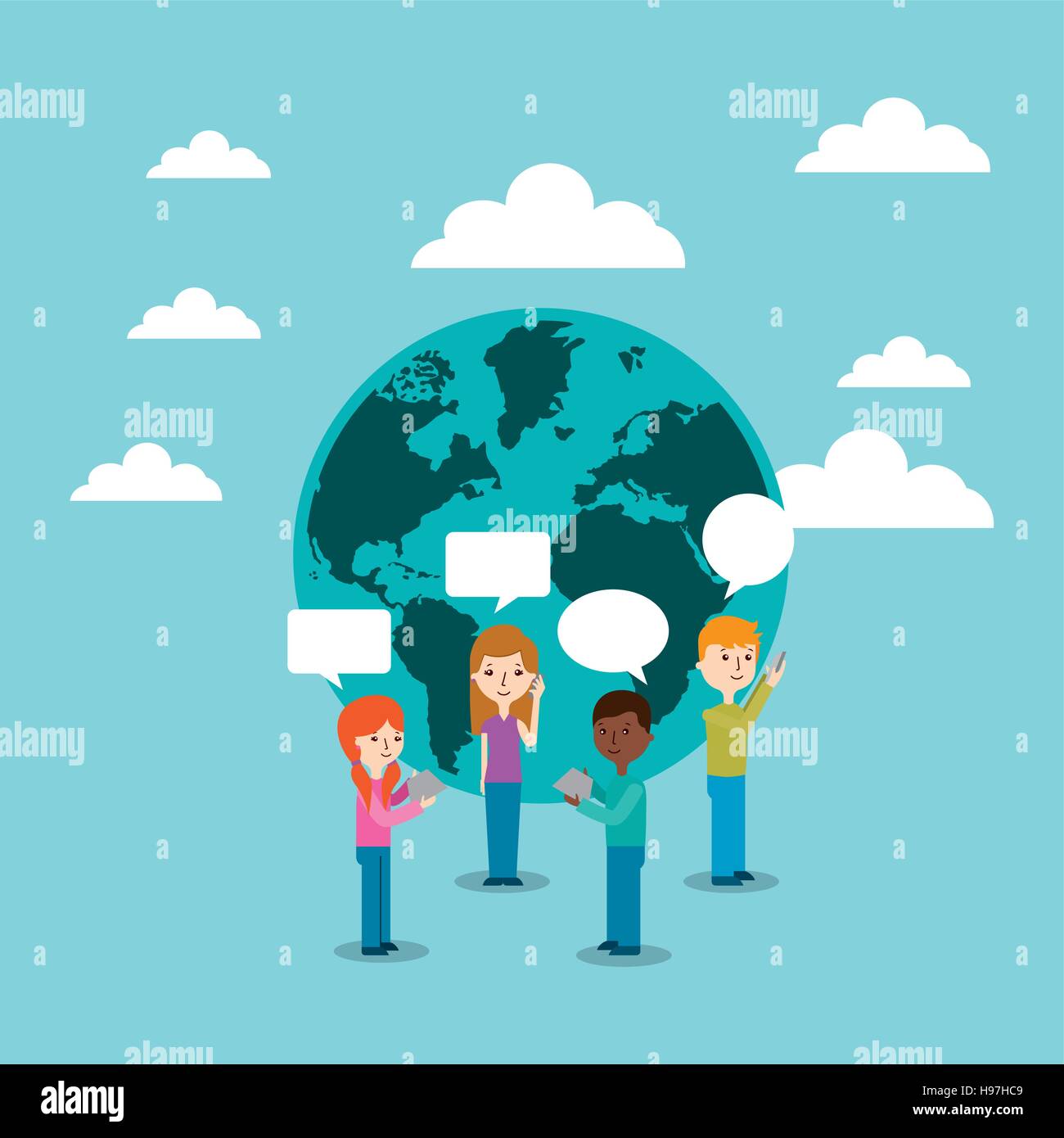 cartoon people standing with speech bubble over earth planet icon and ...