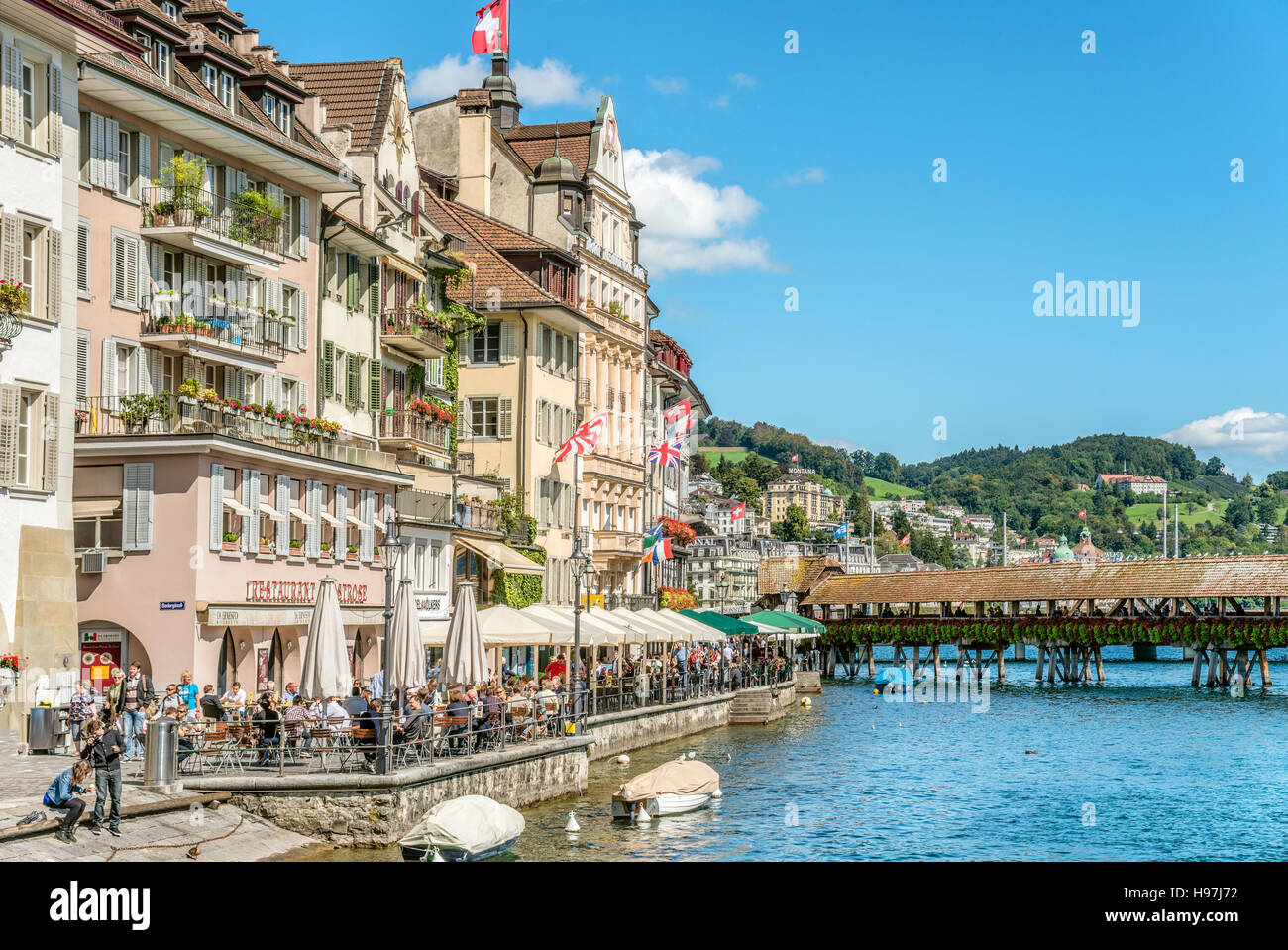 Lucerne Old Town riverside restaurants and pubs, Switzerland Stock ...