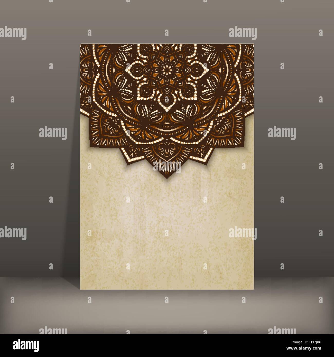 old paper card with brown floral circular pattern - vector illustration ...
