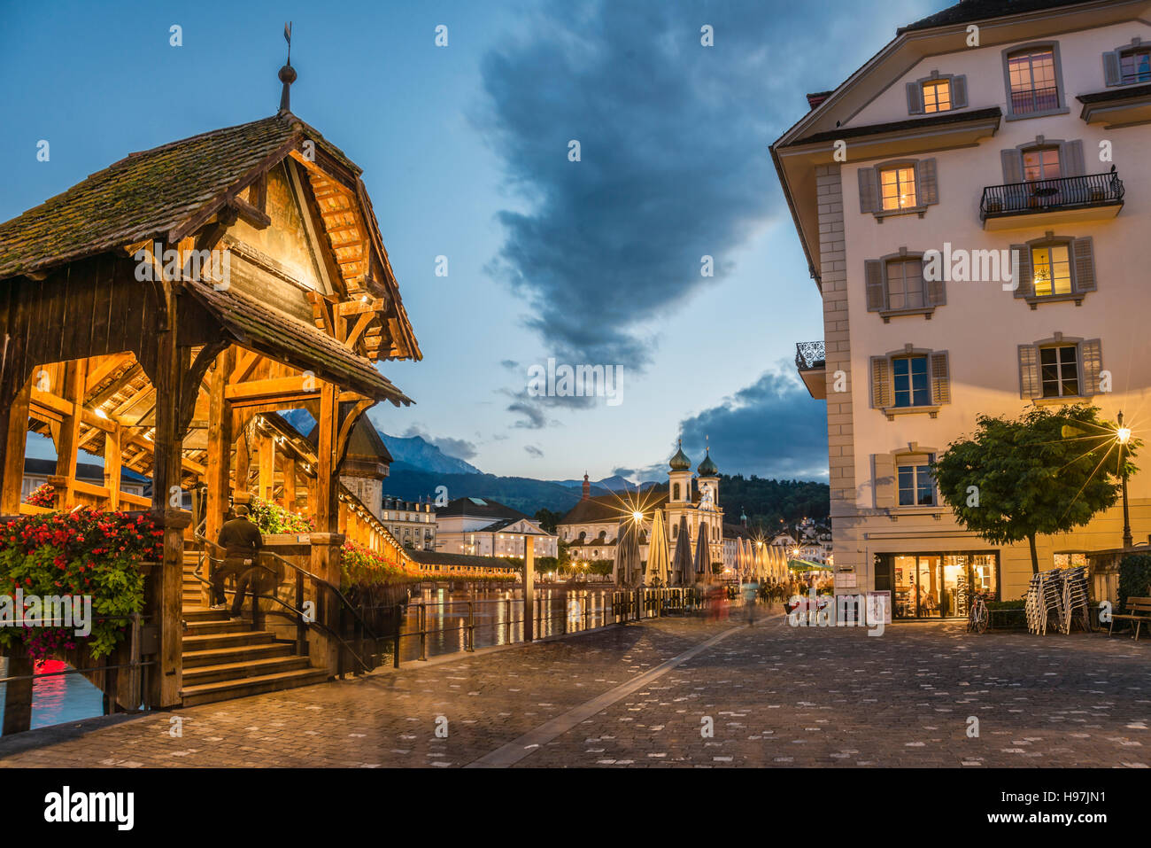 Historical Chapel Bridge, a landmark at the city of Lucerne at the Lake ...