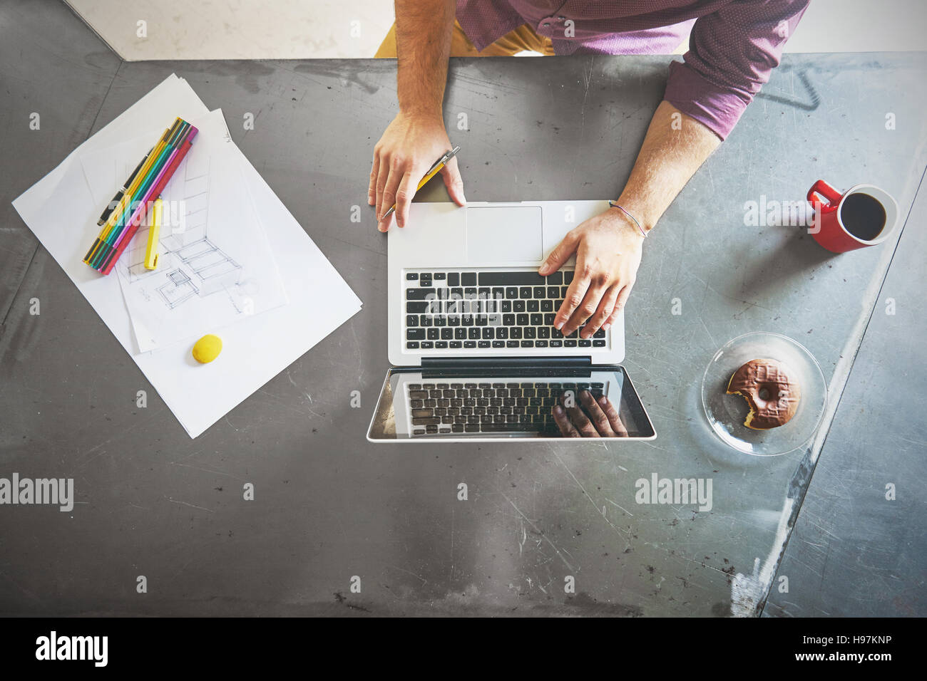 Top view of architect man working at computer in office Stock Photo - Alamy