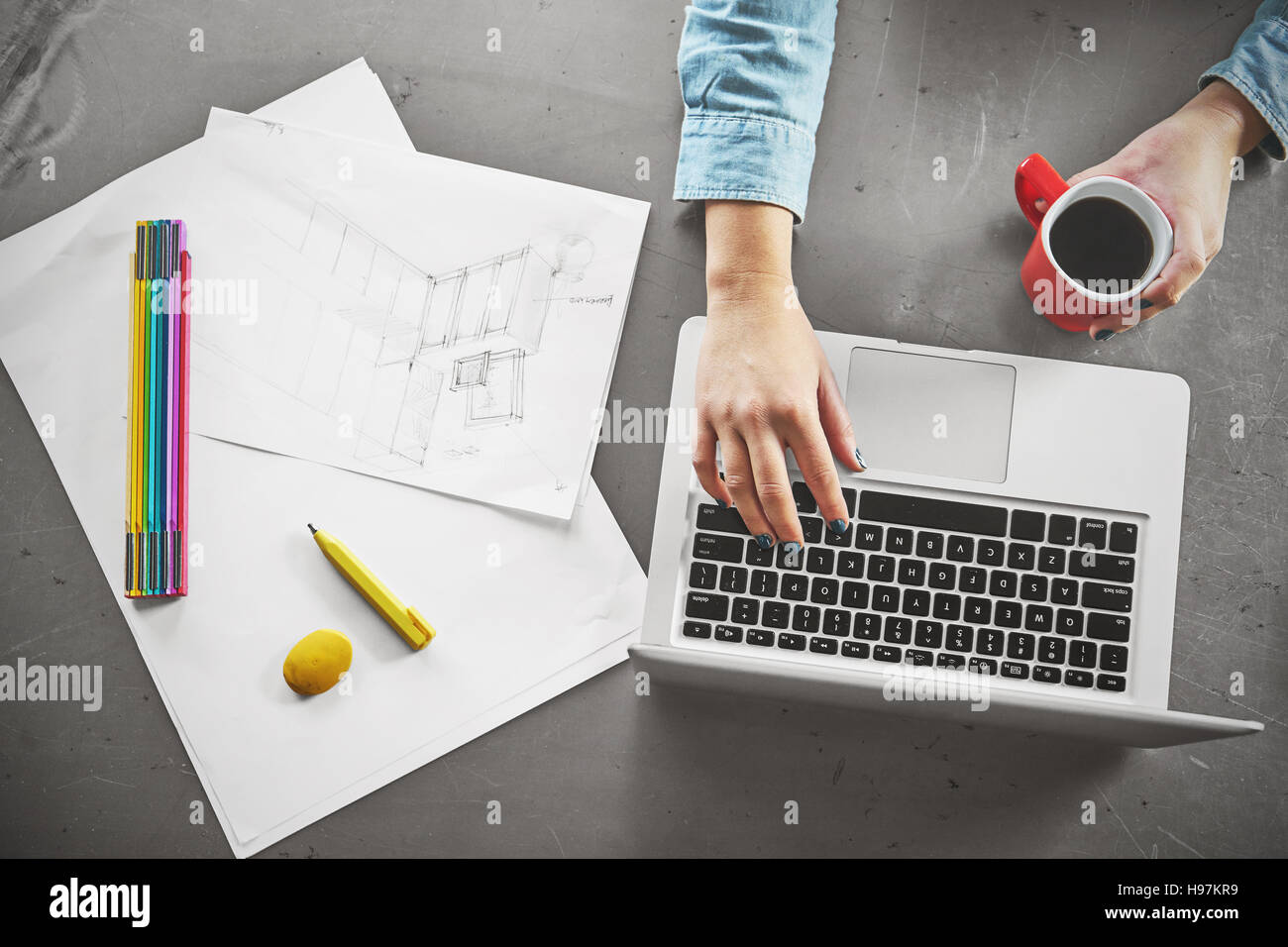 Top view of architect woman working at computer in office Stock Photo ...