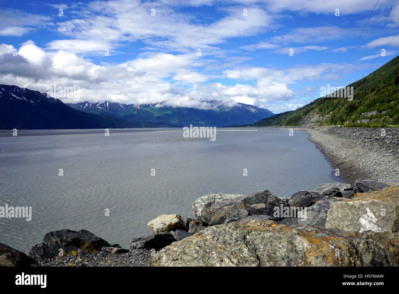 Beautiful scenic view of the gray water at the shoreline of Turnagain ...