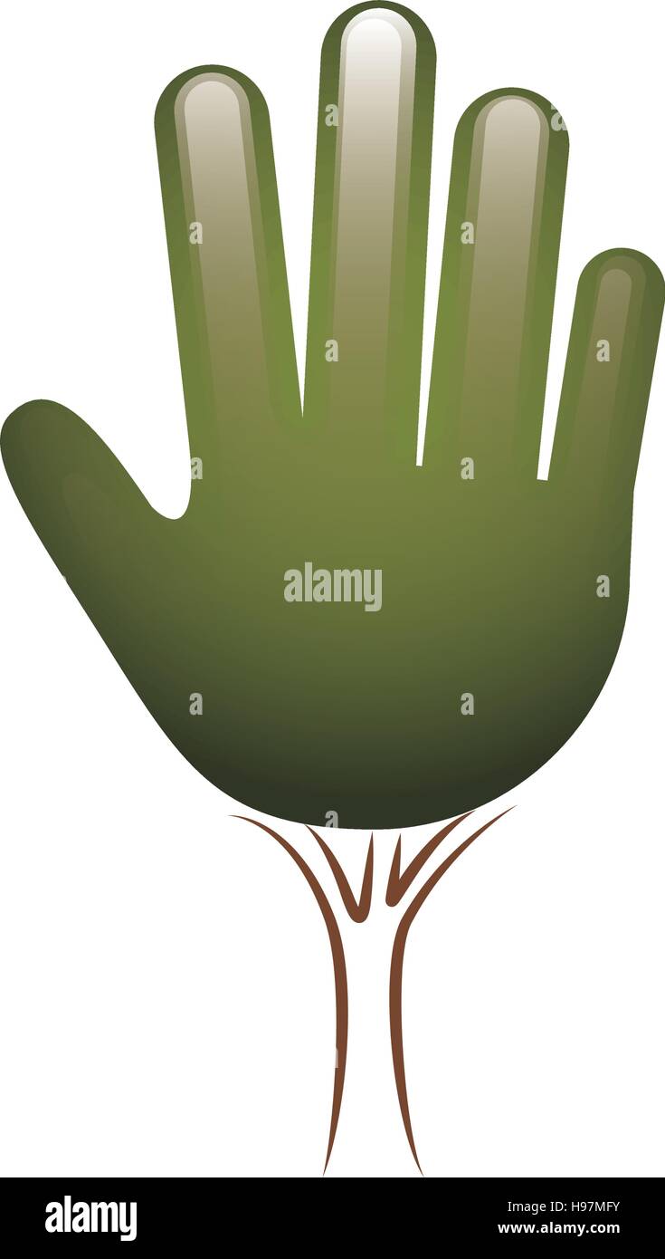 contour tree trunk with green foliage shape of hand vector illustration ...