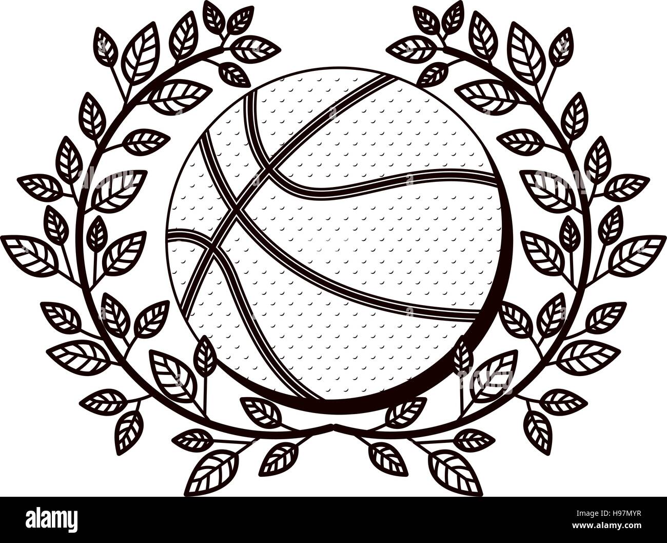 gray scale half crown of olive branch with basketball ball Stock Vector ...