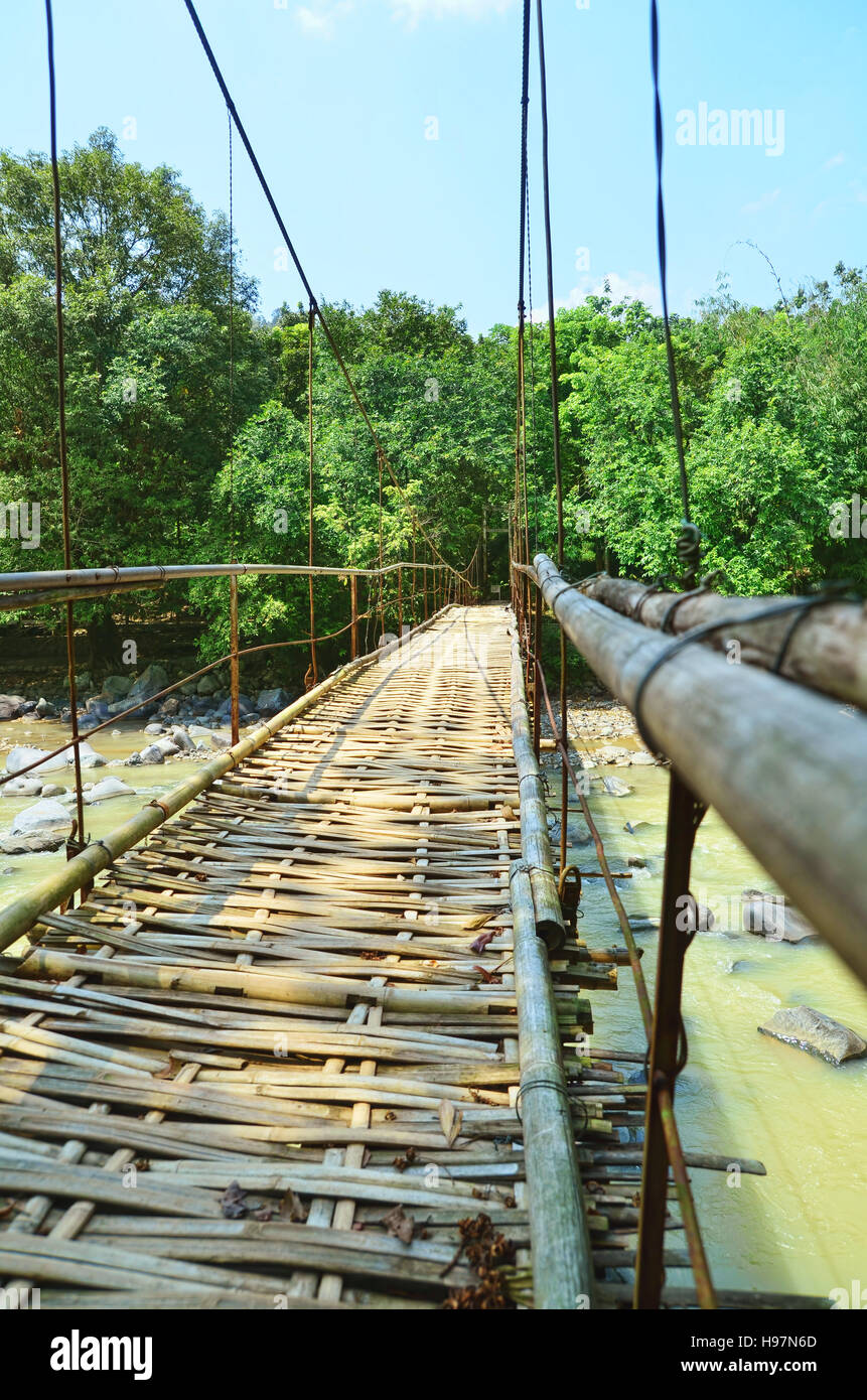 Rusty iron and wooden handrail of an old suspension bridge Stock Photo ...