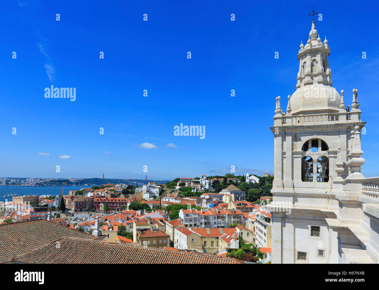 Roof with white tower and Lisbon cityscape. Monastery of St. Vincent ...