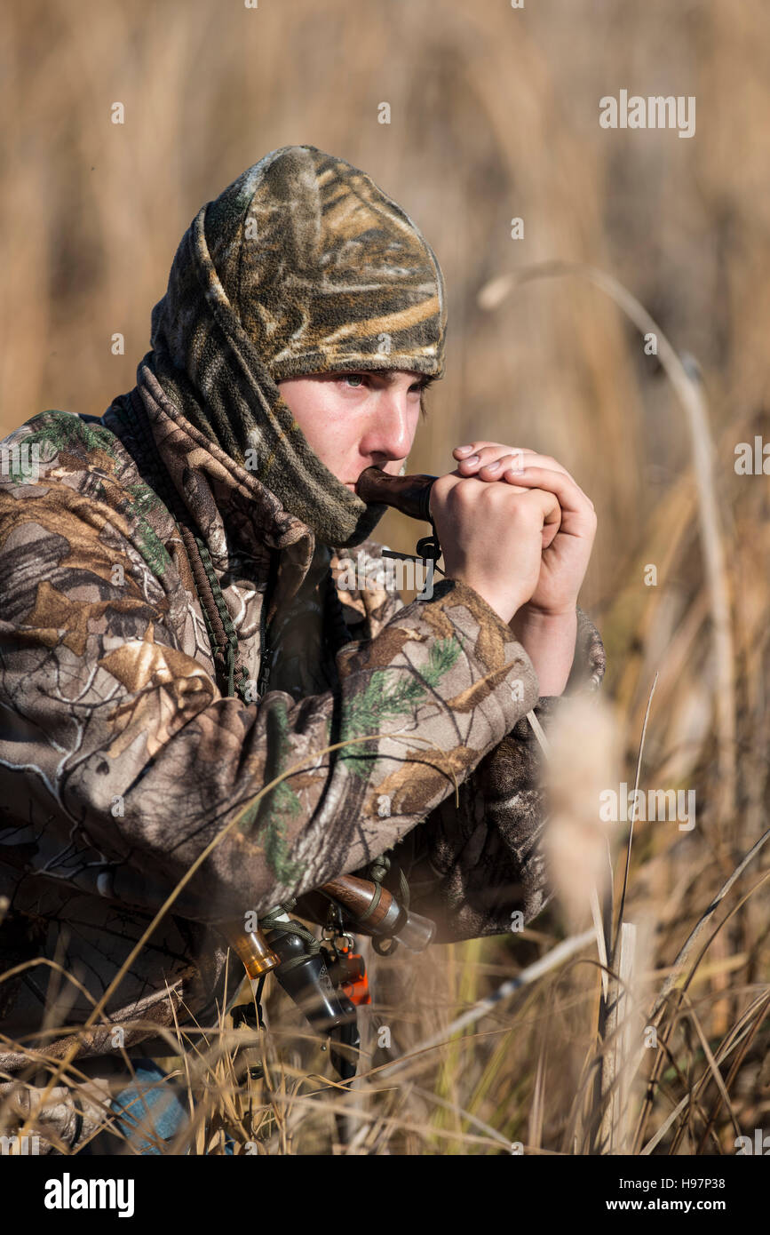 A young hunter blowing a duck and goose call Stock Photo - Alamy