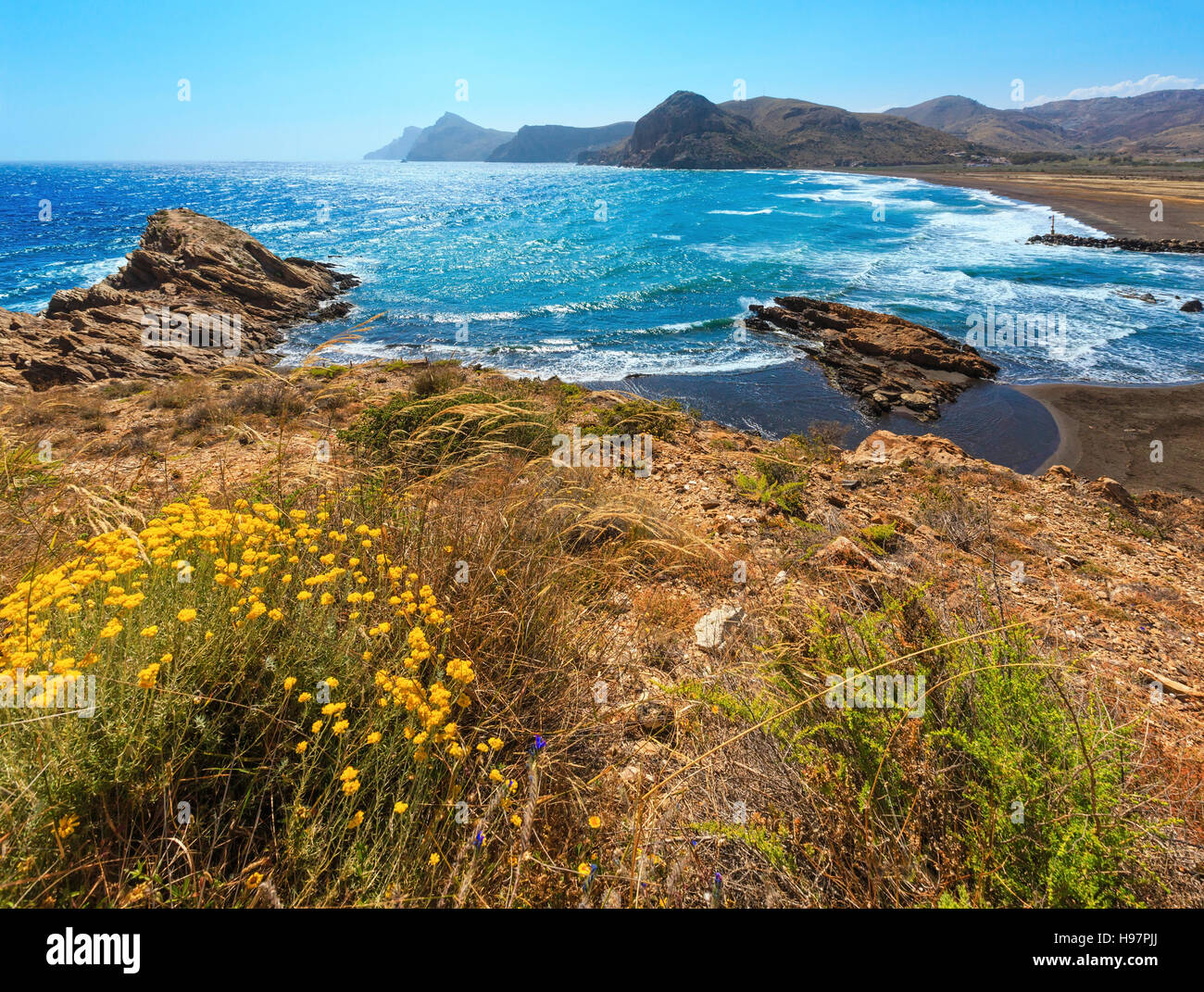 Summer sandy beach and yellow flowers in front. Mediterranean sea ...