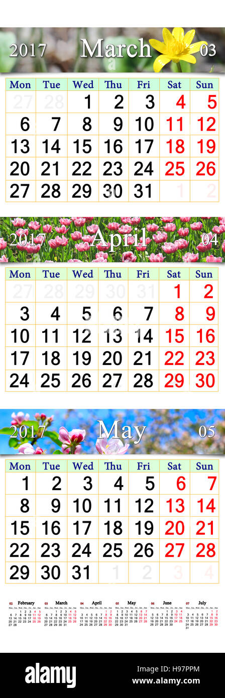 wall calendar for three months of spring March April and May 2017 with ...
