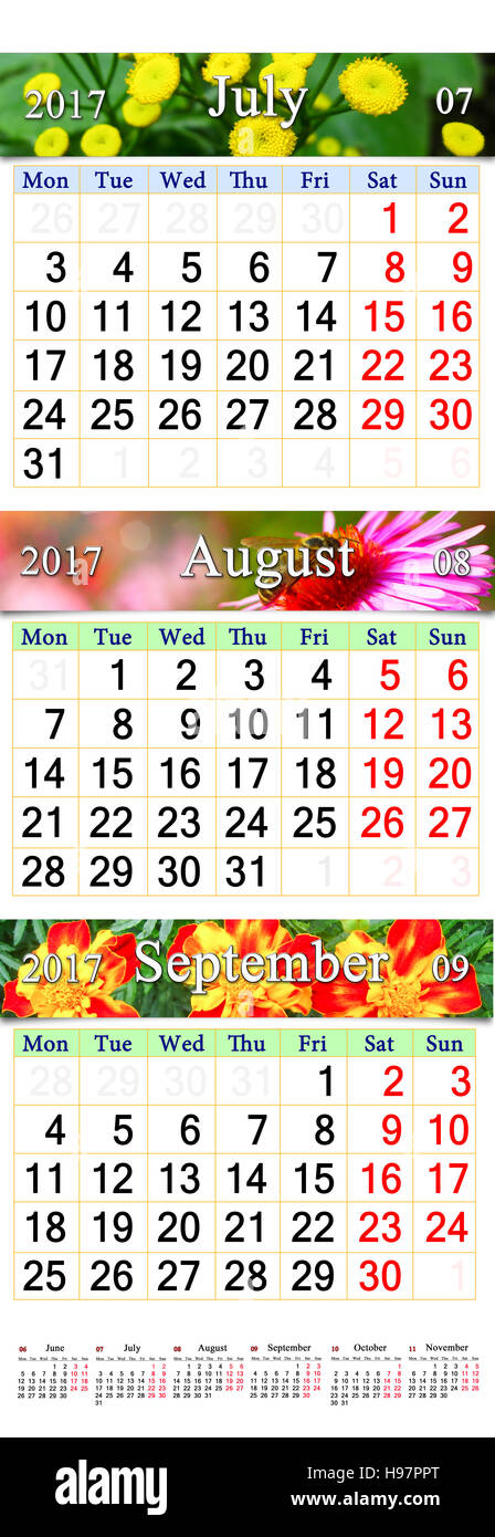 calendar for three months July August and September 2017 with images of ...