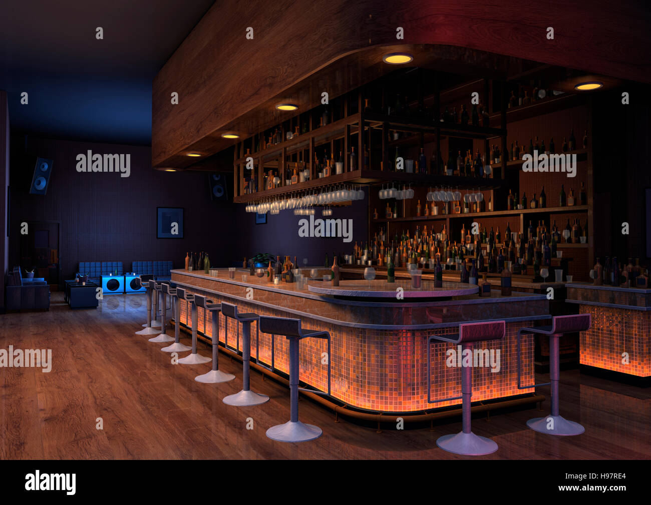3D rendering of a luxury night lounge bar in a purple light Stock Photo - Alamy