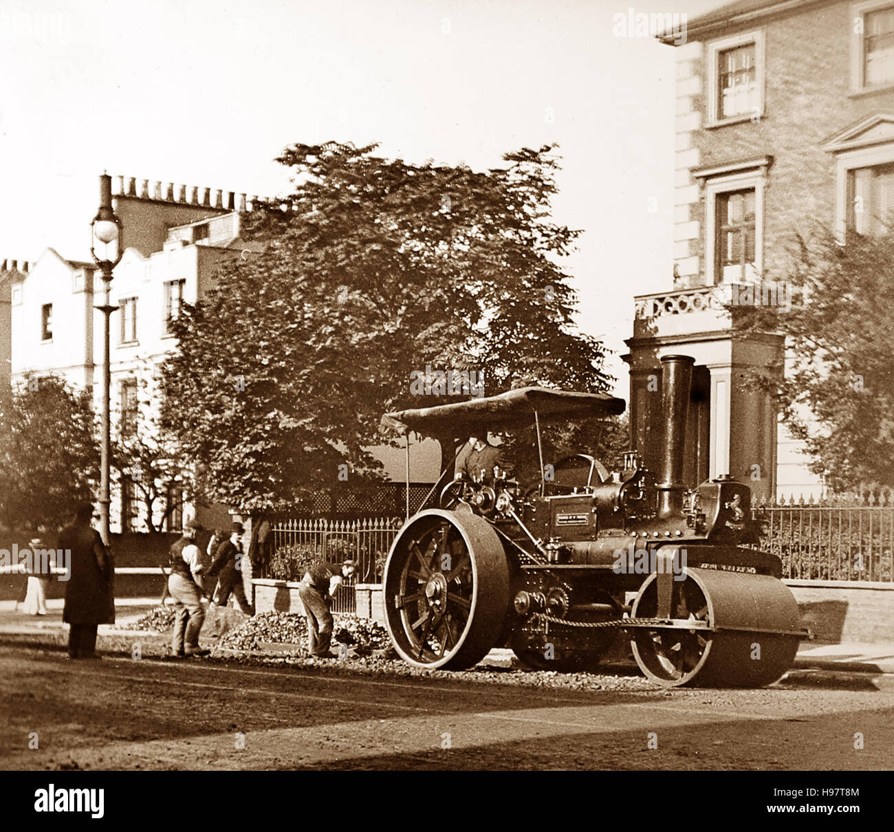 Road repair gang and steam roller - Victorian period Stock Photo - Alamy
