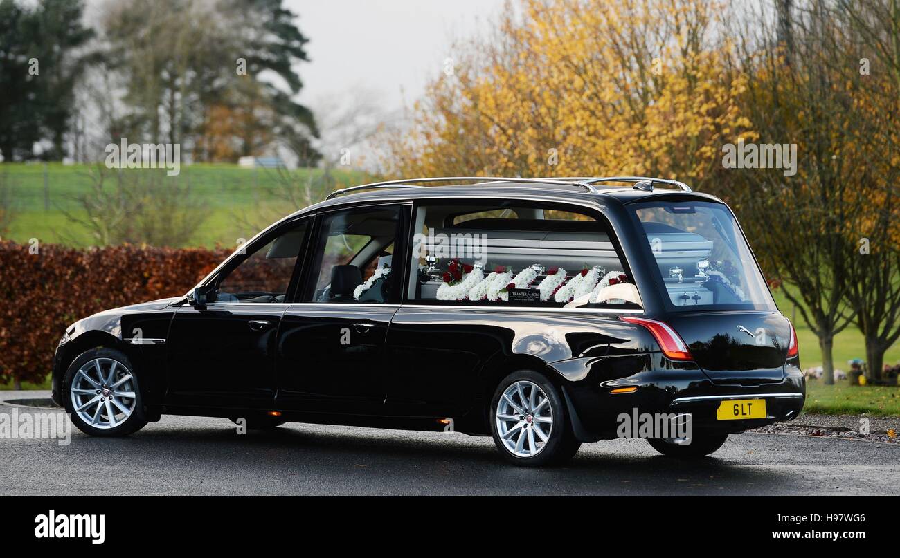 A hearse carrying the coffin of arrives at Telford Crematorium Chapel ...