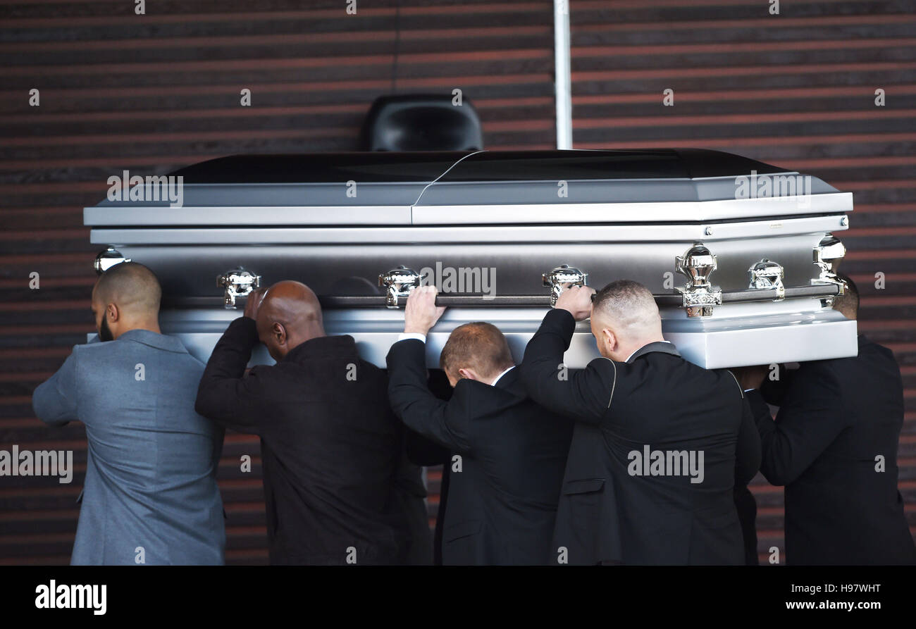 The coffin of Dalian Atkinson is carried into Telford Crematorium Chapel for the funeral of the ...