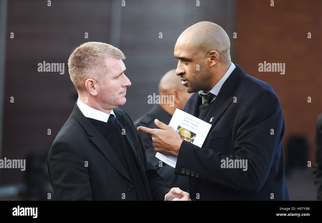 Tommy Johnson (left) and Brian Deane at Telford Crematorium Chapel ...