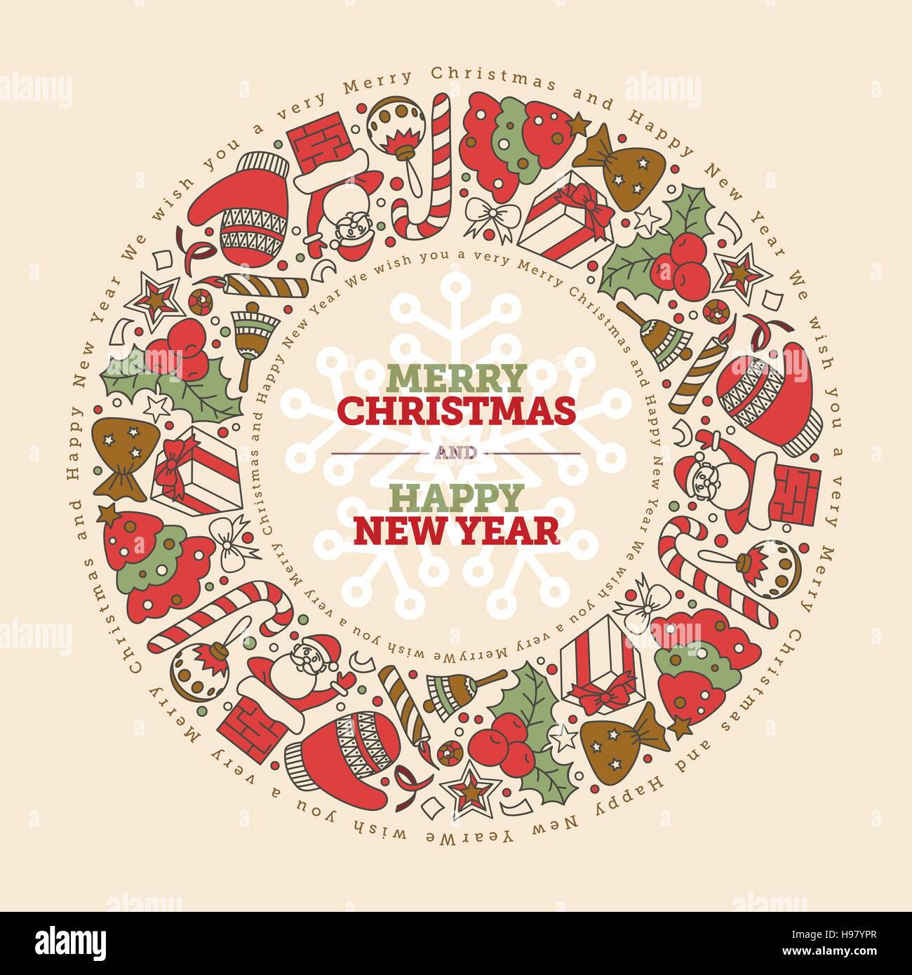 Vector Christmas and New Year Greeting Card Design Template. Hand drawn ...
