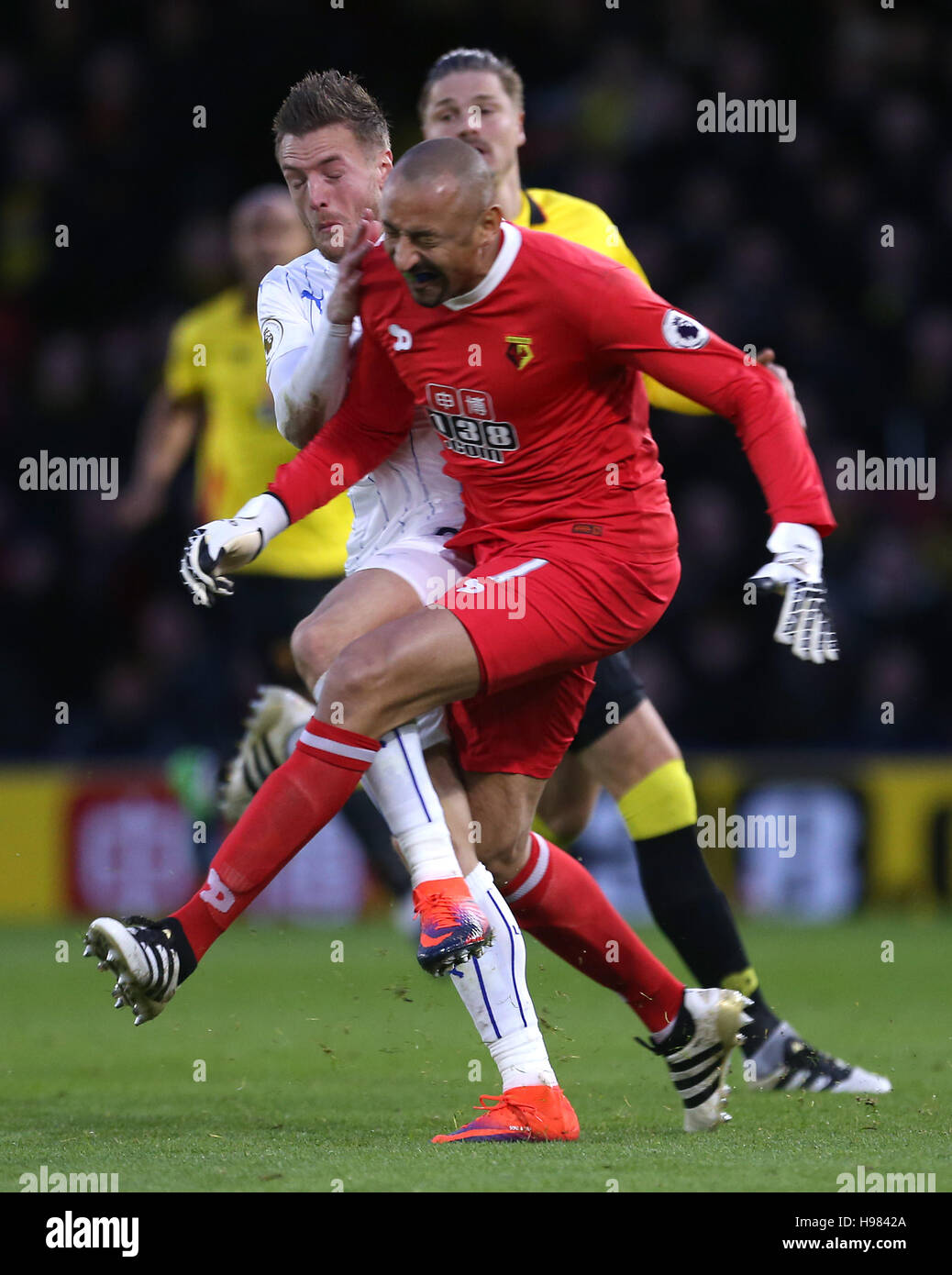 Leicester City's Jamie Vardy (left) and Watford goalkeeper Heurelho ...