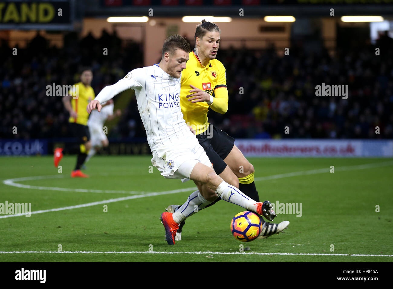 Leicester City's Jamie Vardy (left) and Watford's Sebastian Prodl ...