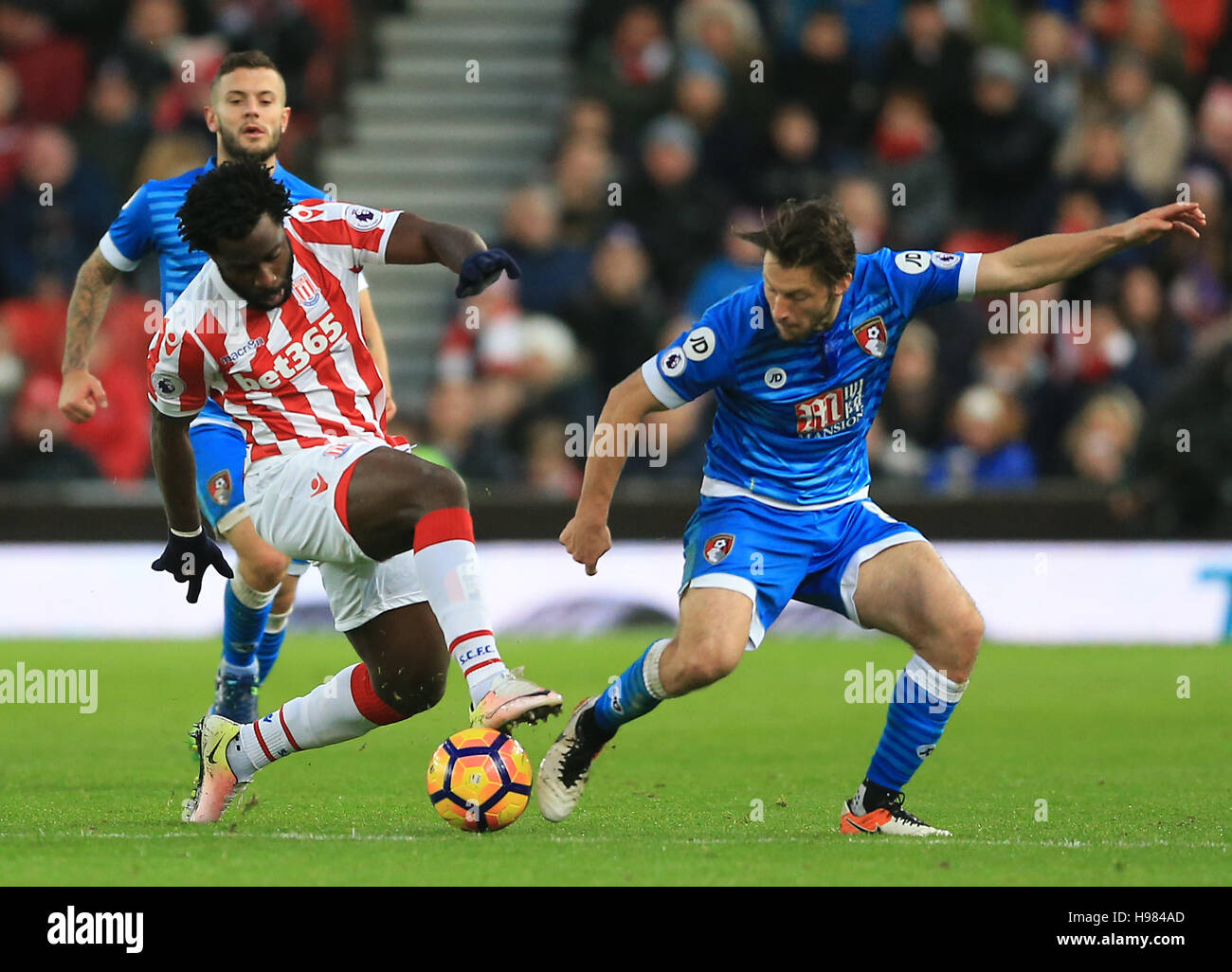 Stoke City's Wilfried Bony (left) and AFC Bournemouth's Harry Arter ...